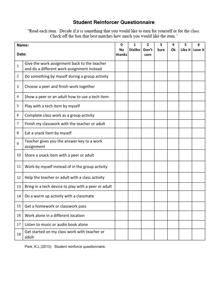 Student Reinforcer Question | PDF | Reinforcement