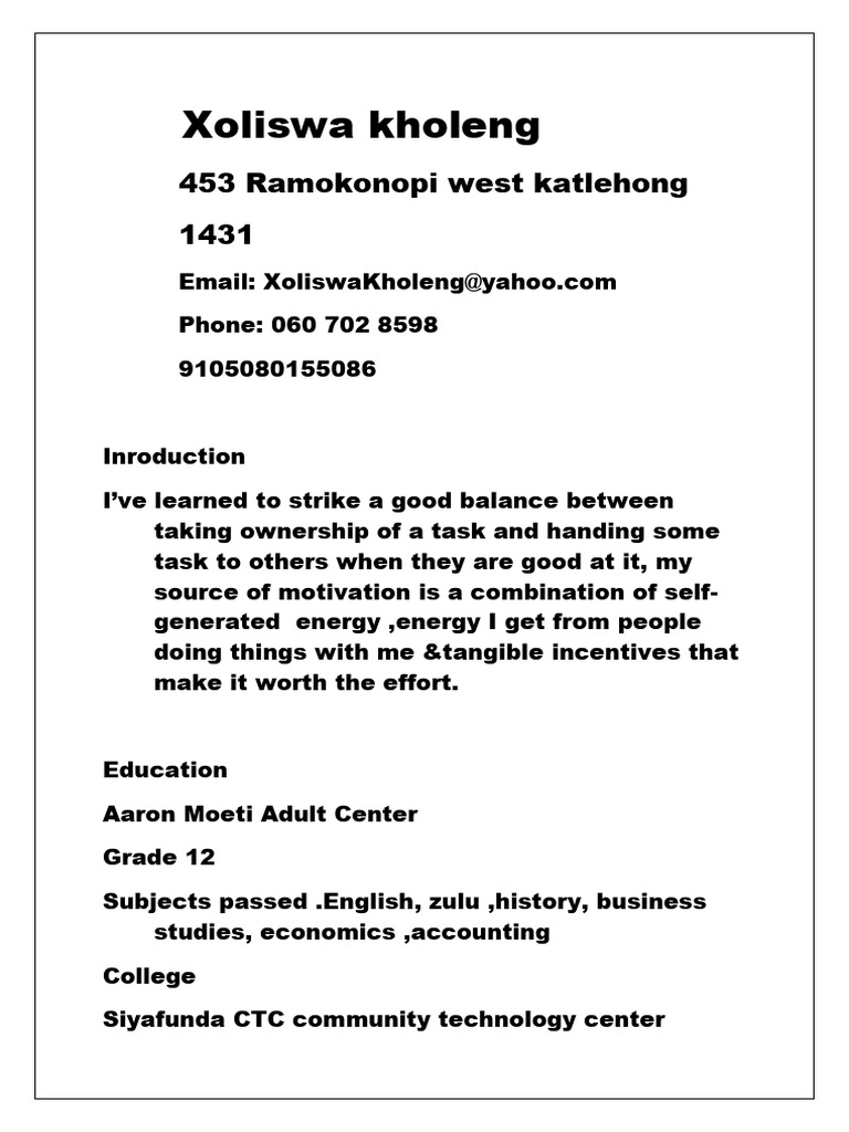 Introduction of Xoli Kholeng | PDF