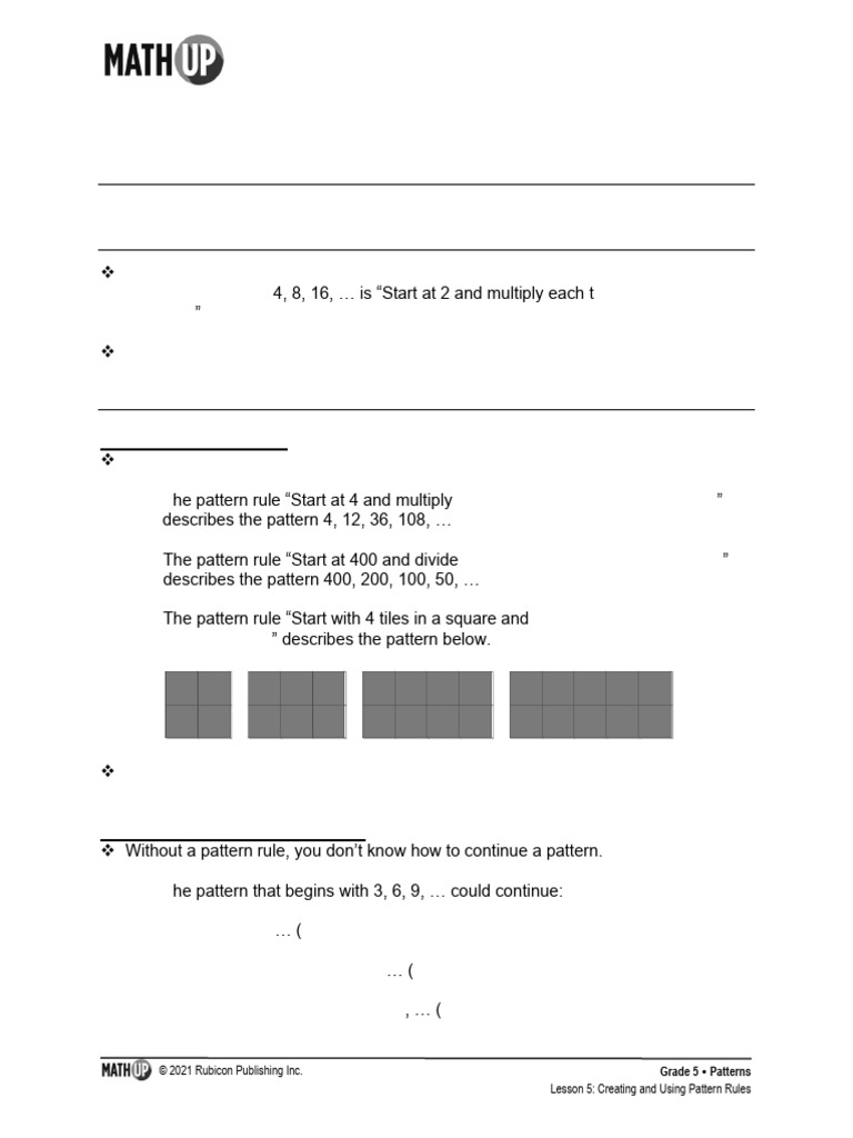 MathUp Patterns 05 Creating and Using Pattern Rules (Gr. 5) | PDF