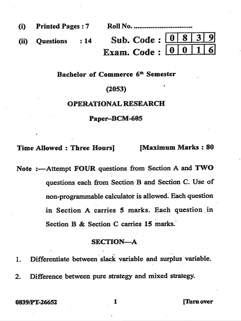 BCom - 6th Sem - BCM - 605 - Operational Research - May 2023 | PDF