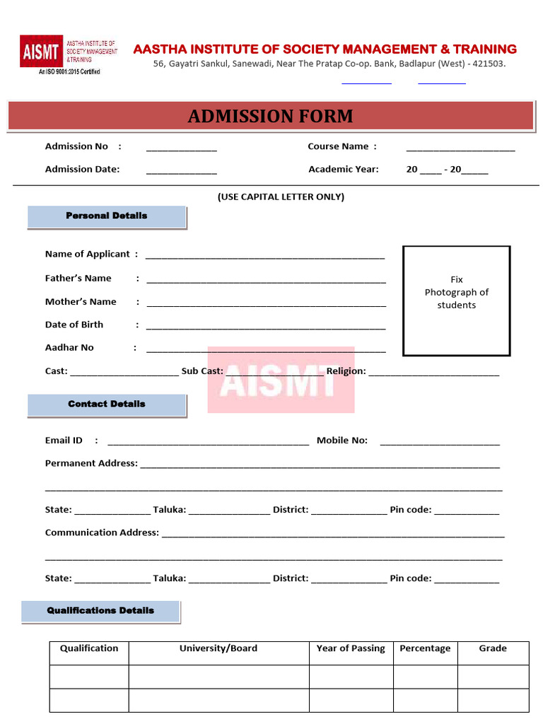 Aastha Institute Admission Form | PDF