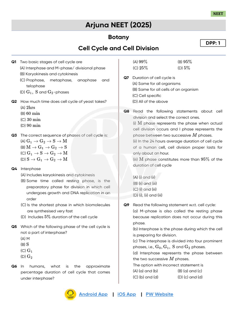 Cell Cycle and Cell Division - DPP 01 (Of Lecture 02) - Arjuna NEET 2025 | PDF | Mitosis | Cell ...