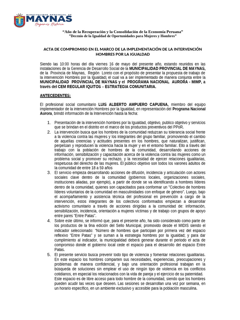 Modelo de Acta de Compromiso Entre La Municipalidad Provincial de ...