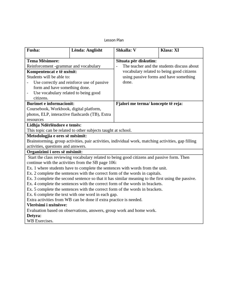 Lesson Plan: Grammar & Citizenship Skills | PDF