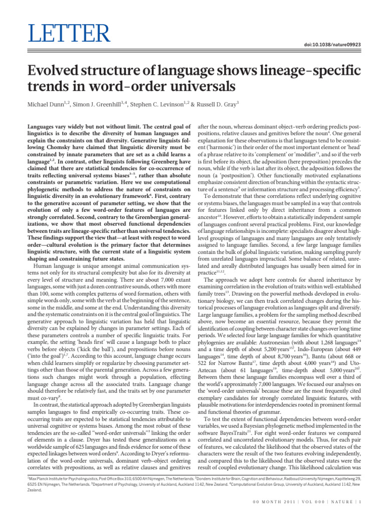 Evolved Structure of Language Shows Lineage-Specific Trends in Word-Order Universals | PDF ...
