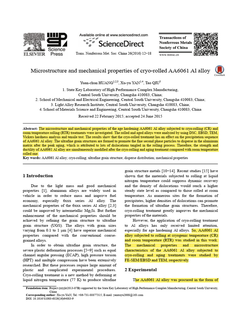 (2016) Microstructure and Mechanical Properties of Cryo-Rolled AA6061 Al Alloy | PDF | Metals ...