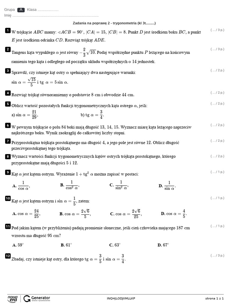 Zadania Na Poprawę 2 - Trygonometria (KL 3t......... ) Test - Ekowydruk ...