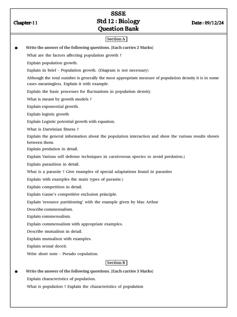 Class 12 Biology: Organisms & Population Q&A | PDF | Ecology | Biology