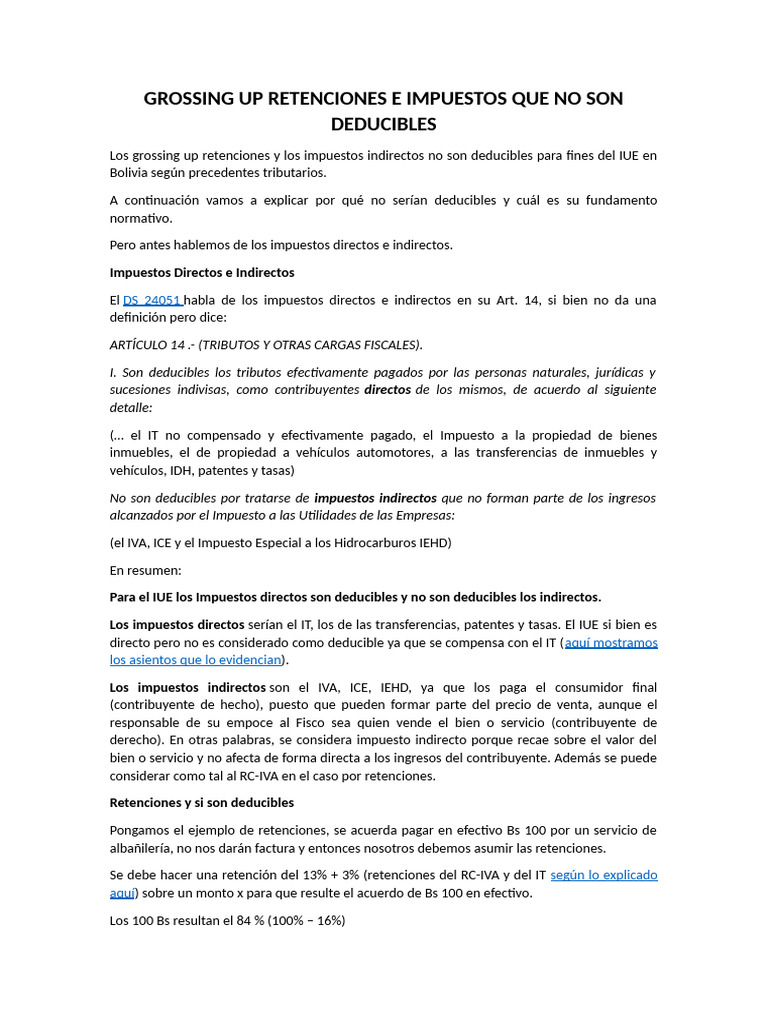 Grossing Up y Deducción de Impuestos en Bolivia | PDF | Impuestos | Factura