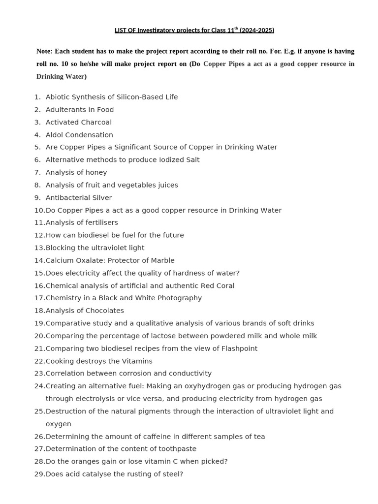 LIST of Investigatory Projects For Class 11th | PDF | Copper | Water