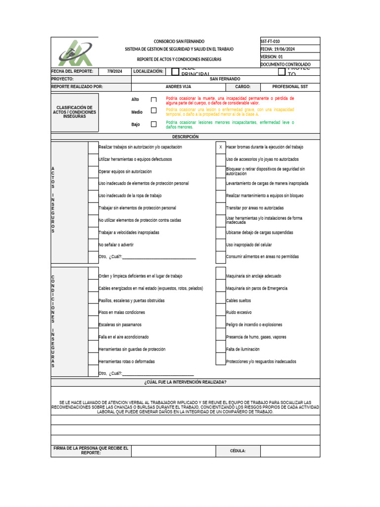 SST-F-010 Reporte de Actos y Condiciones Inseguras | PDF