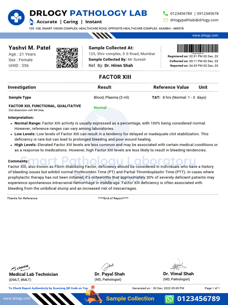 Factor XIII Test Normal Result Report Format Example Sample Template ...