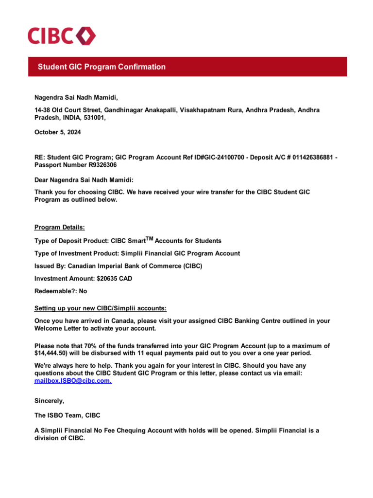 CIBC Student GIC Program Confirmation | PDF | Private Sector | Money
