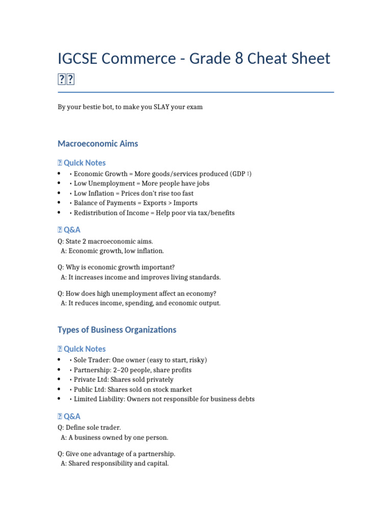 IGCSE Commerce Grade8 CheatSheet Anna | PDF | Taxes | Mergers And Acquisitions