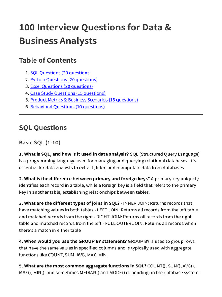 100 Interview Questions | PDF | Table (Database) | Sql