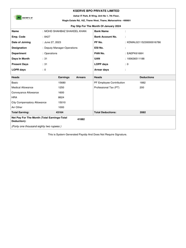 Payslip Kserve Jan'24 | PDF