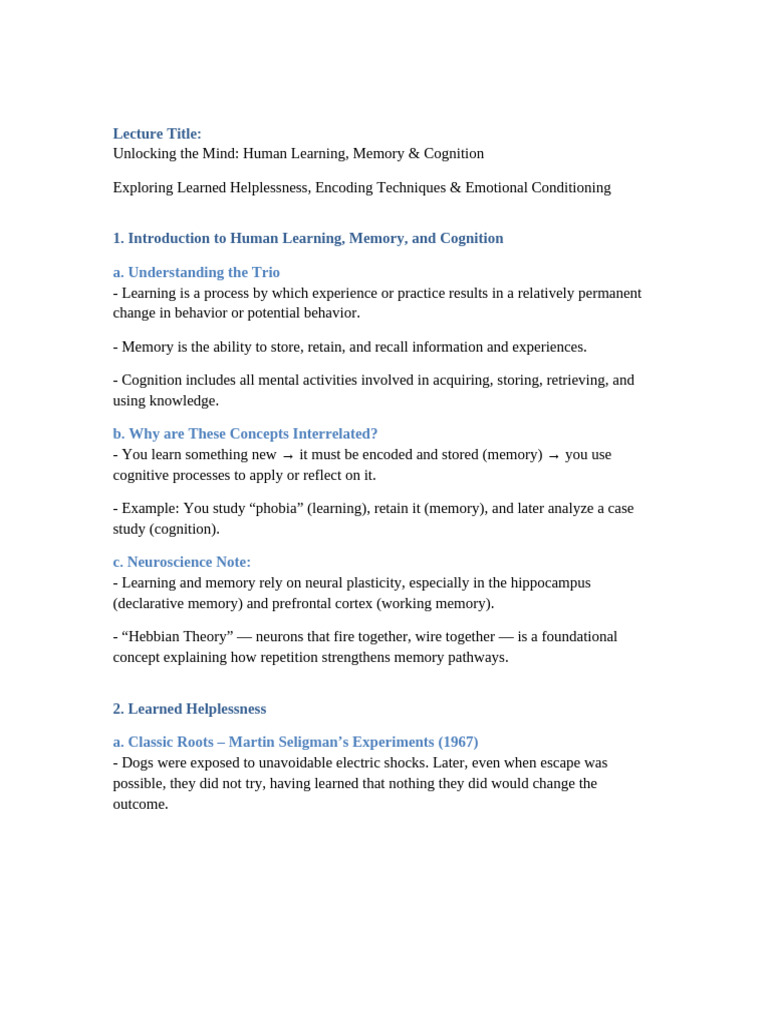 Lecture Human Learning Memory Cognition | PDF