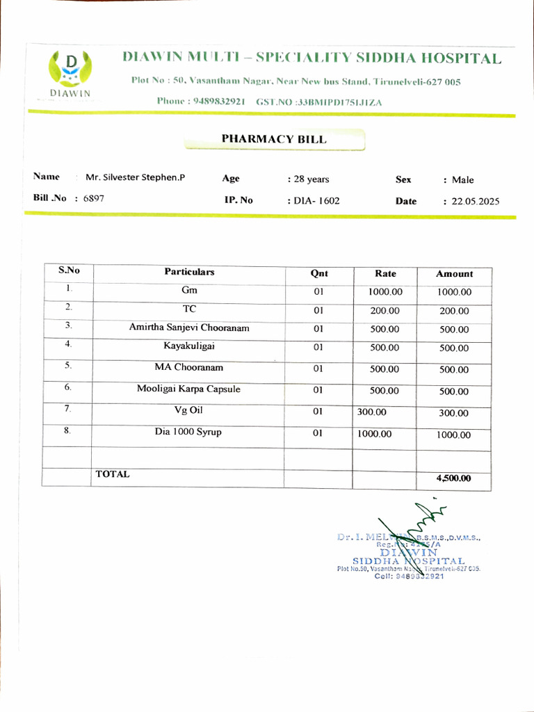 Diawin Pharmacy Bill - Tirunelveli | PDF