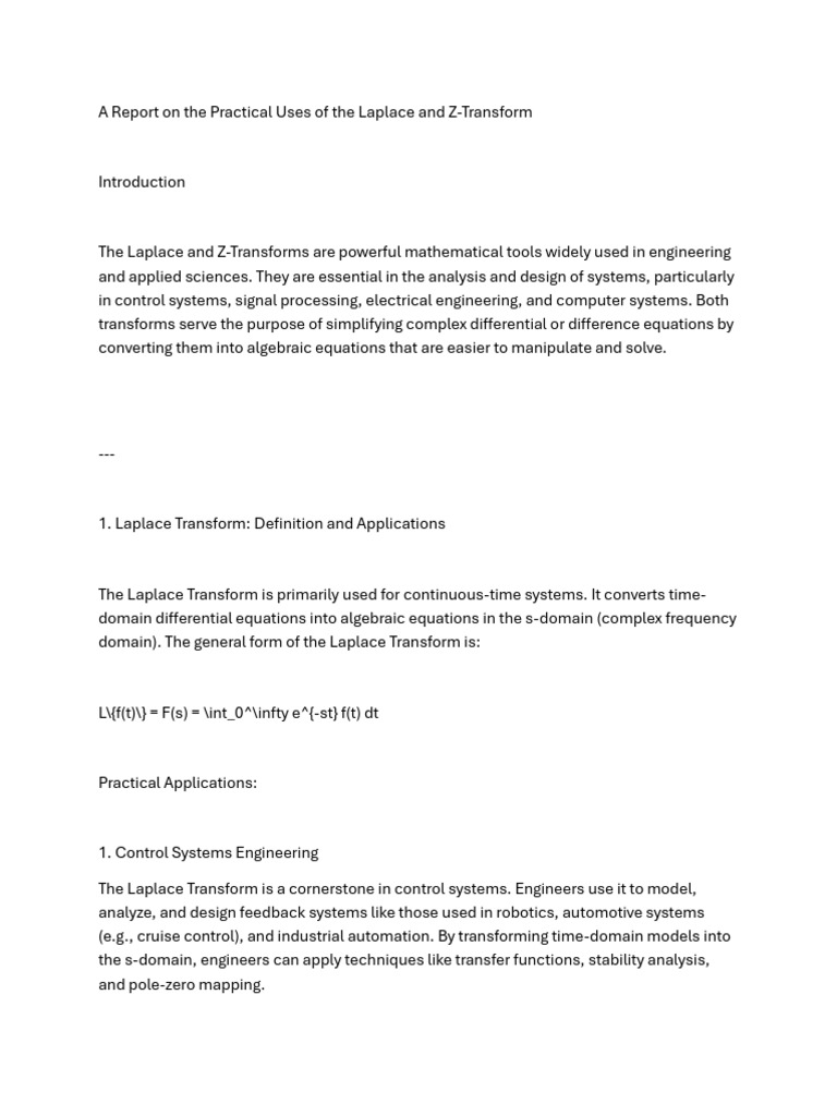A Report On The Practical Uses of The Laplace and Z | PDF | Laplace Transform | Digital Signal ...