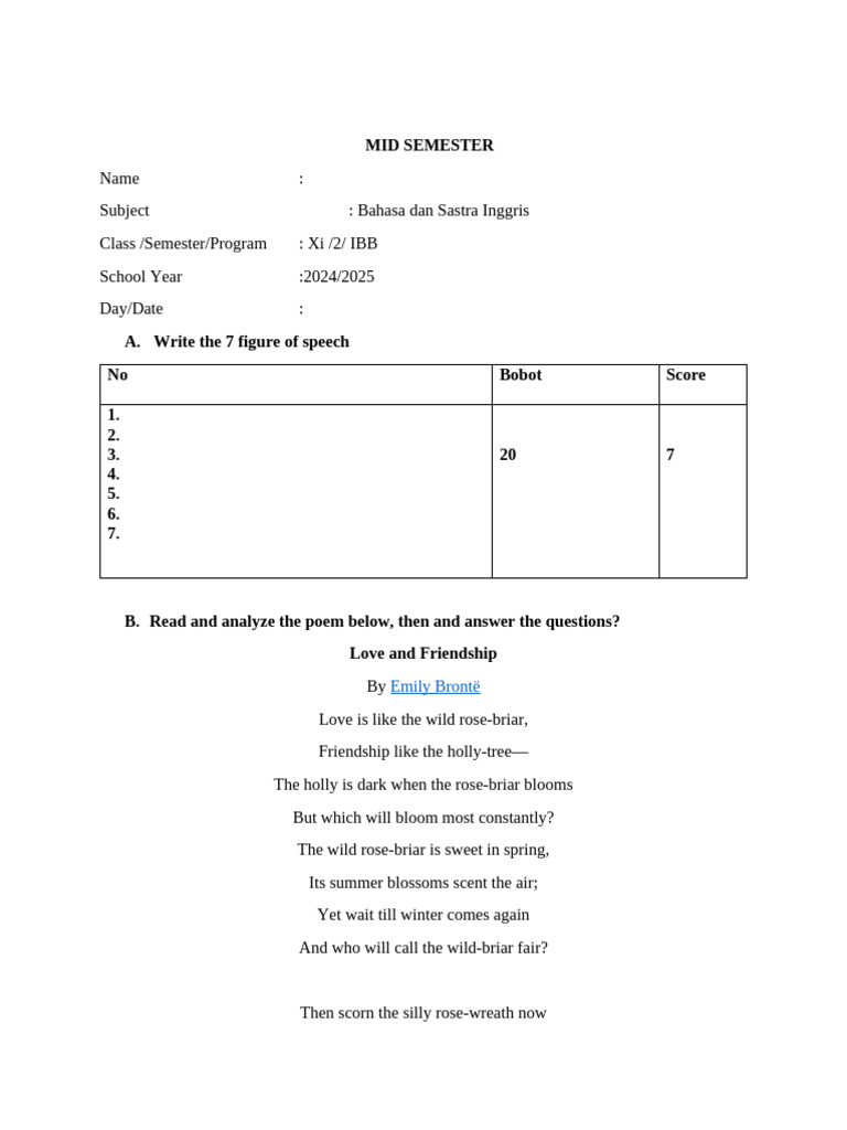 Mid Semester Exam: Poetry Analysis | PDF