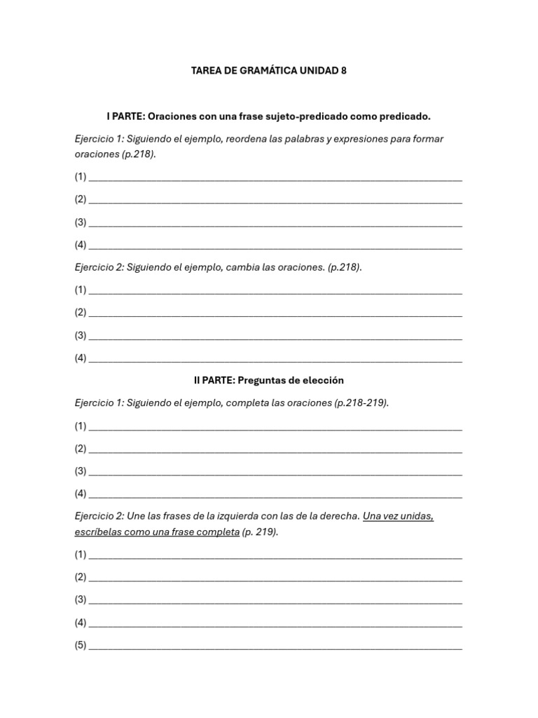 Ejercicios de Gramática Unidad 8 | PDF | Oración (Lingüística ...