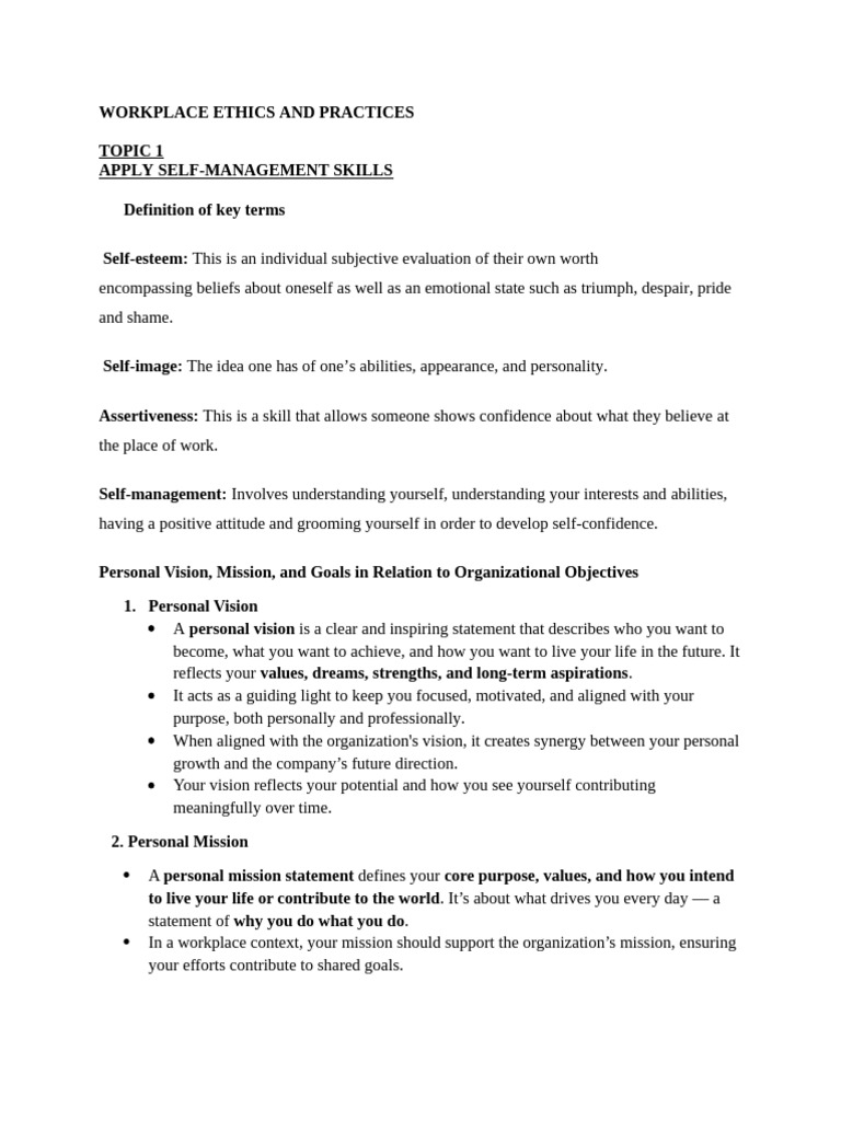 Workplace Ethics and Practices | PDF | Self Esteem | Goal