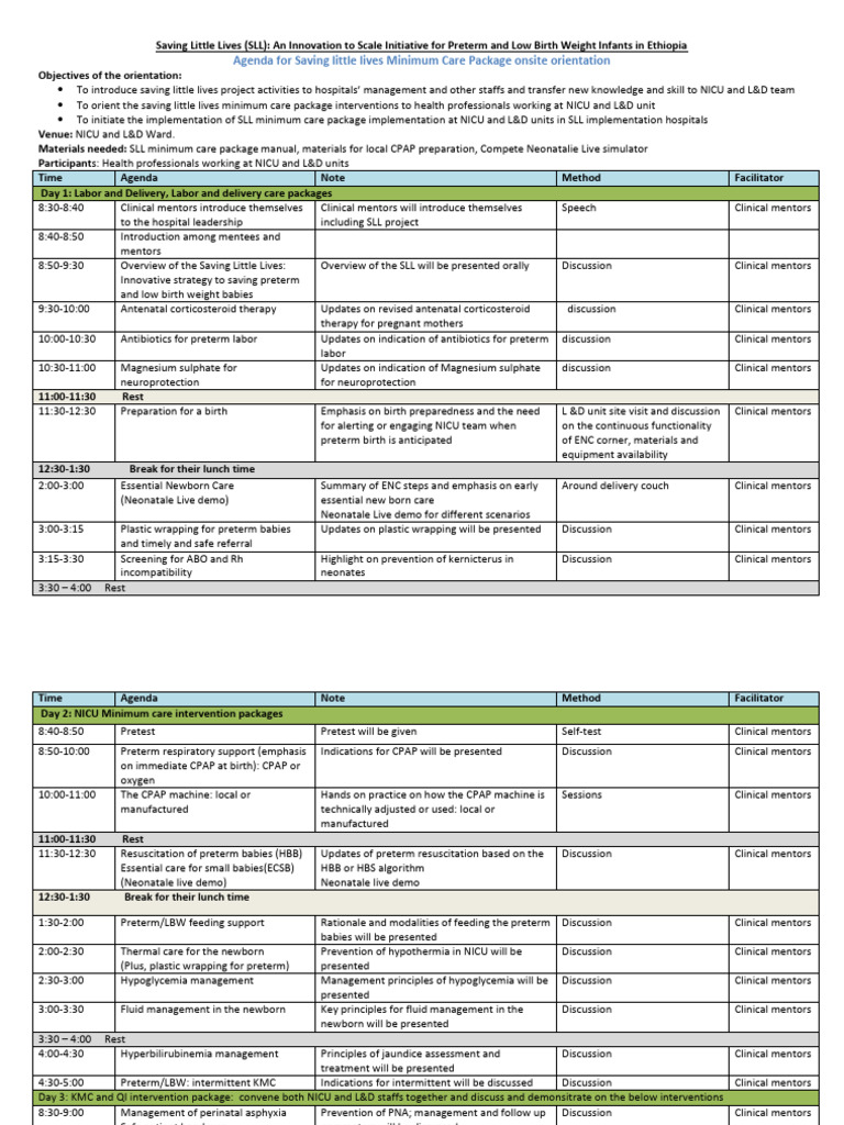 3-Day - SLL MCP Intervention Orientation Agenda | PDF | Neonatal Intensive Care Unit | Preterm Birth