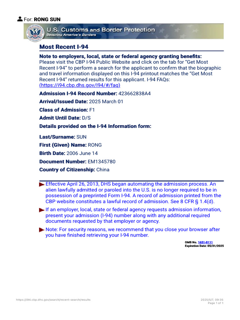 I-94 Admission Record for Rong Sun | PDF