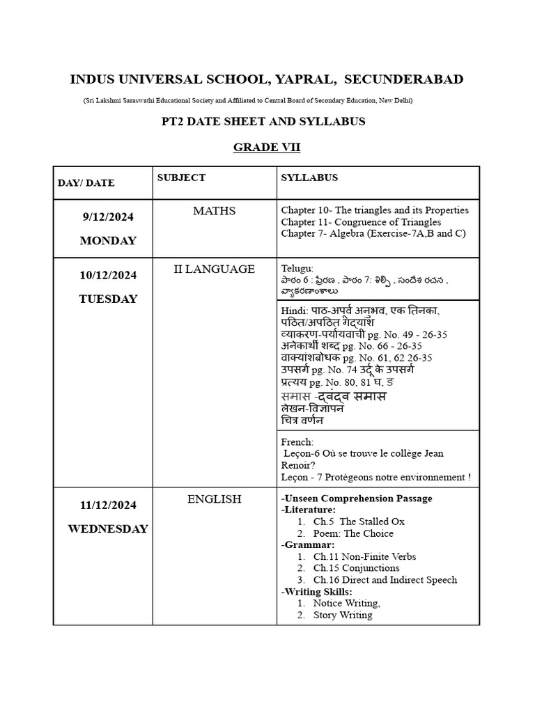 Grade 7 Pt2 Date Sheet and Syllabus 24-25 | PDF