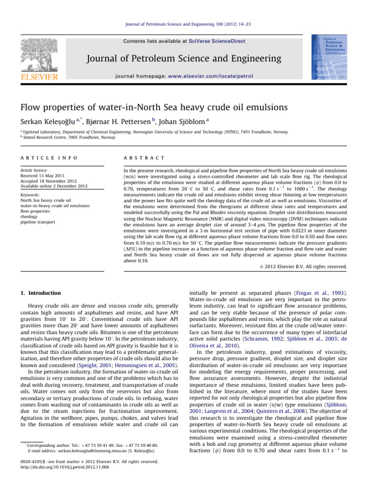 Flow Properties of Water in North Sea Heavy Crude Oil Emulsions | PDF ...