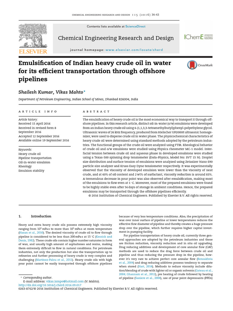 Emulsification of Heavy Crude Oil for Pipelines | PDF | Emulsion ...