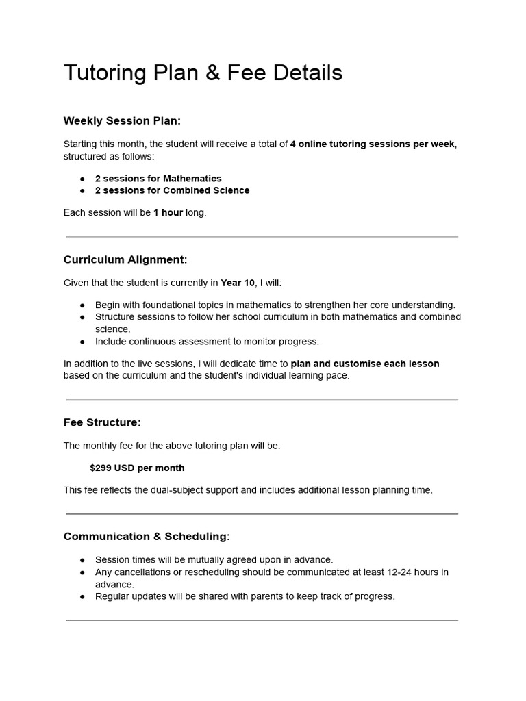 Tutoring Plan & Fee Details | PDF