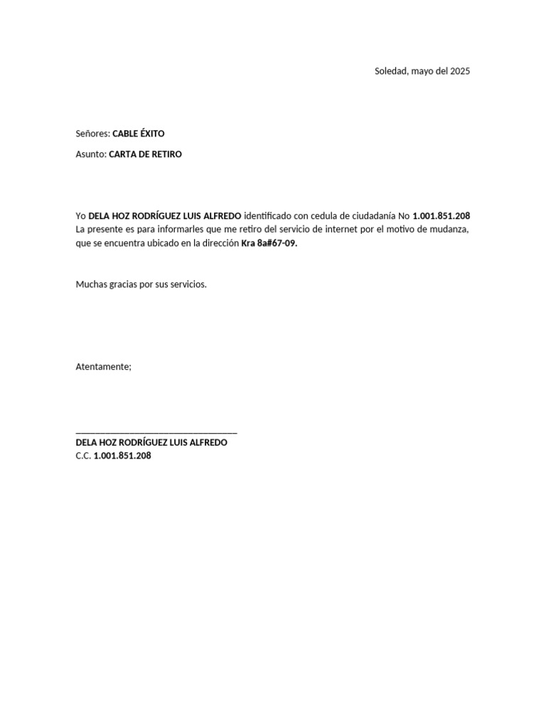 Carta de Retiro Cable Exito | PDF