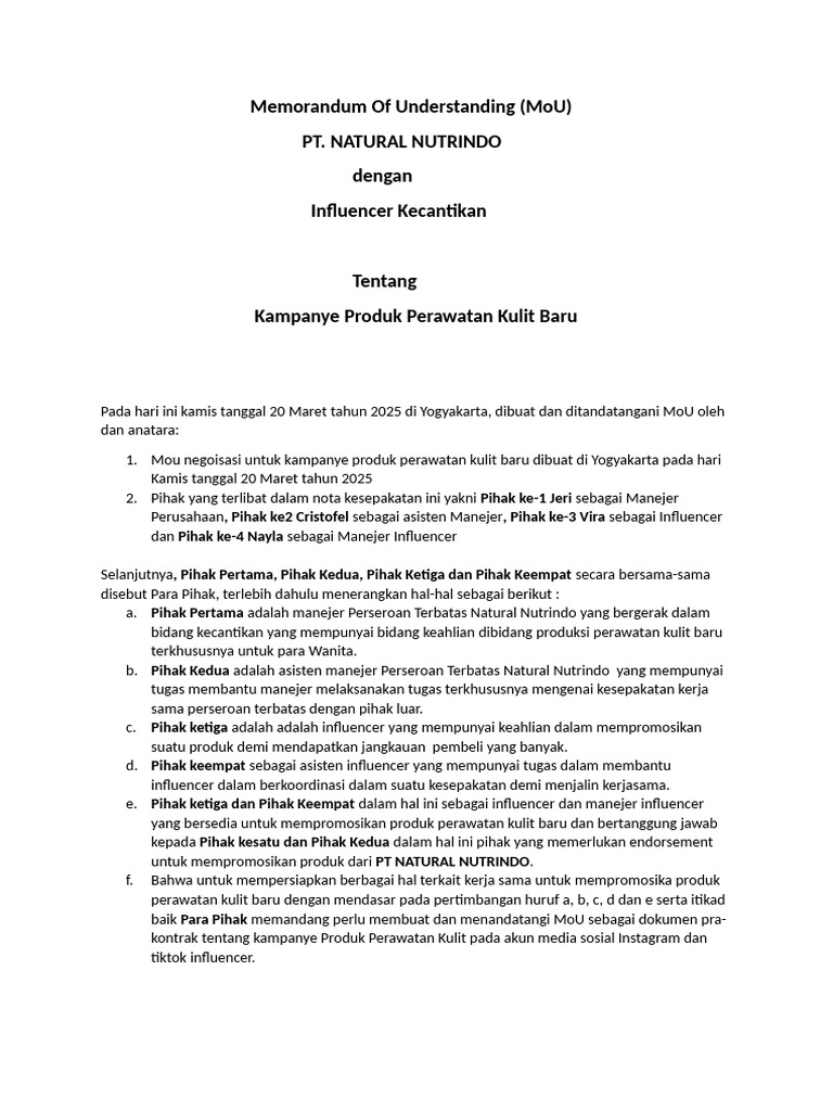 Memorandum of Understanding Jeri Ami Nadab Benu | PDF