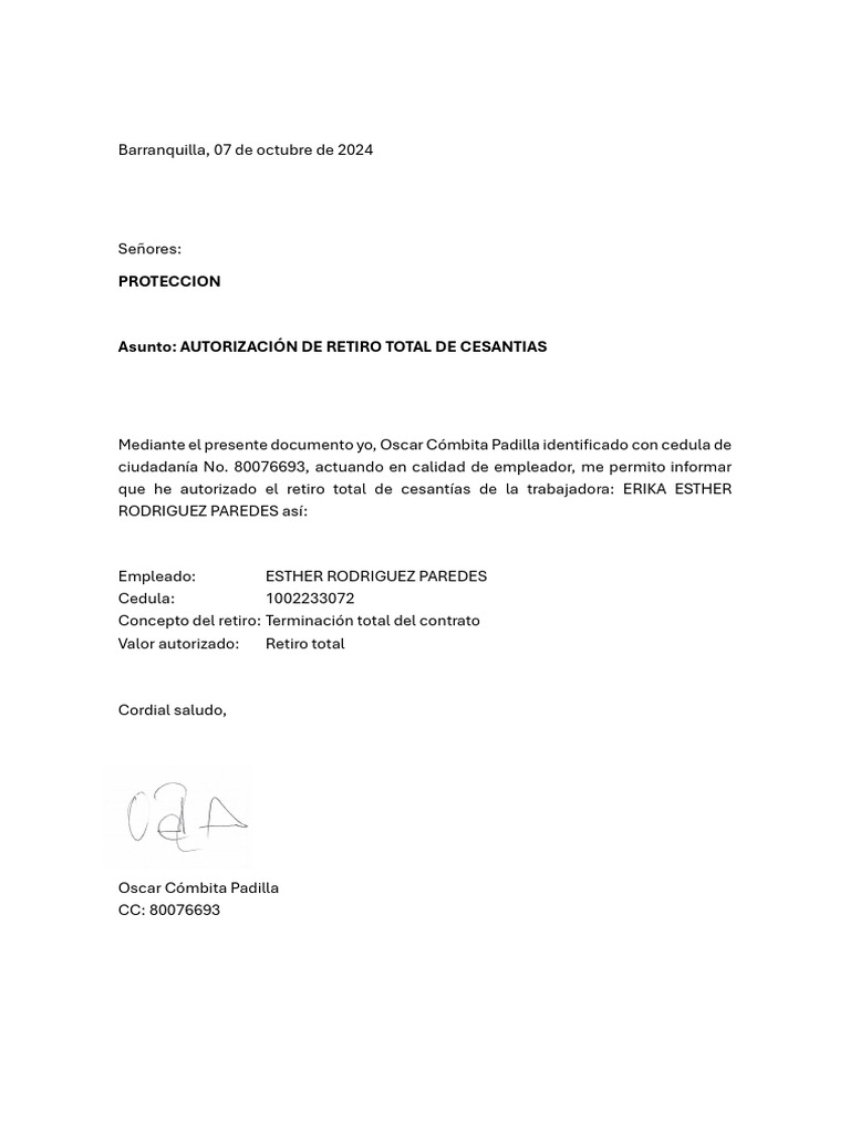 Modelo Retiro de Cesantias Carta de Cesantias | PDF