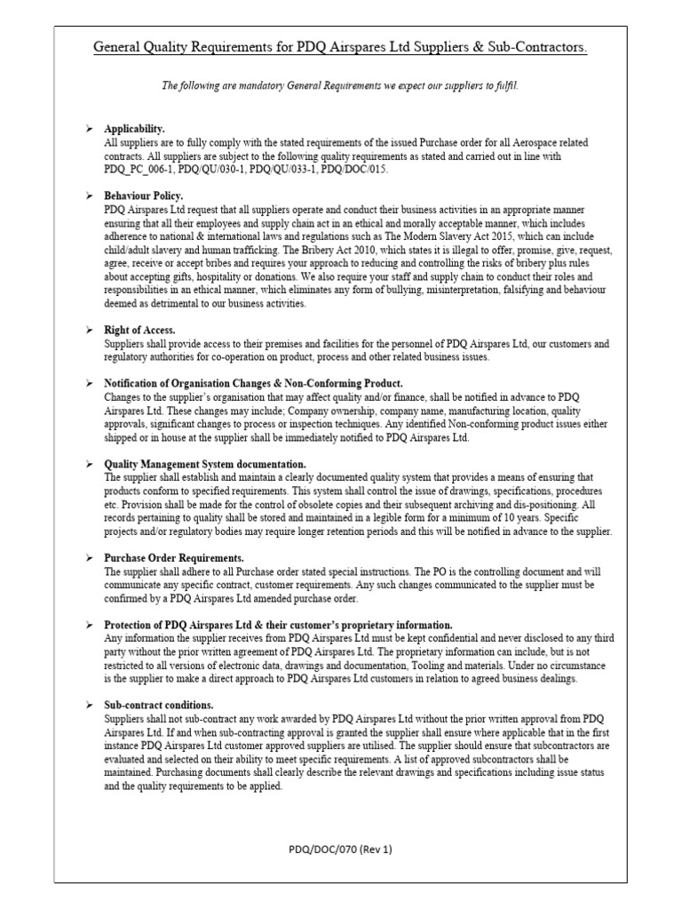 PDQ Quality Requirements | PDF | Supply Chain | Bribery