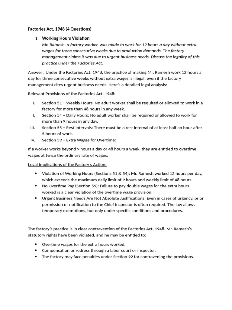 Labour Law Problem Based Questions | PDF | Employment | Overtime