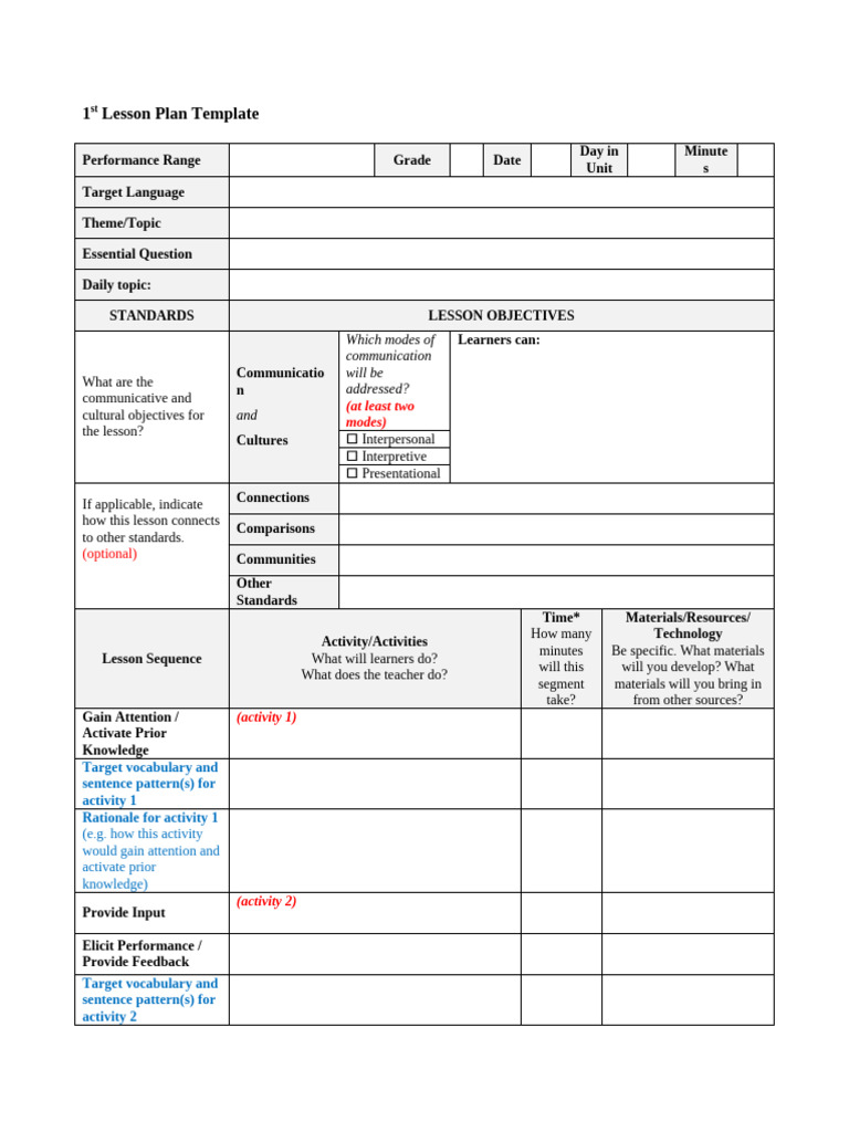 1st Lesson Plan Template | PDF | Lesson Plan | Vocabulary