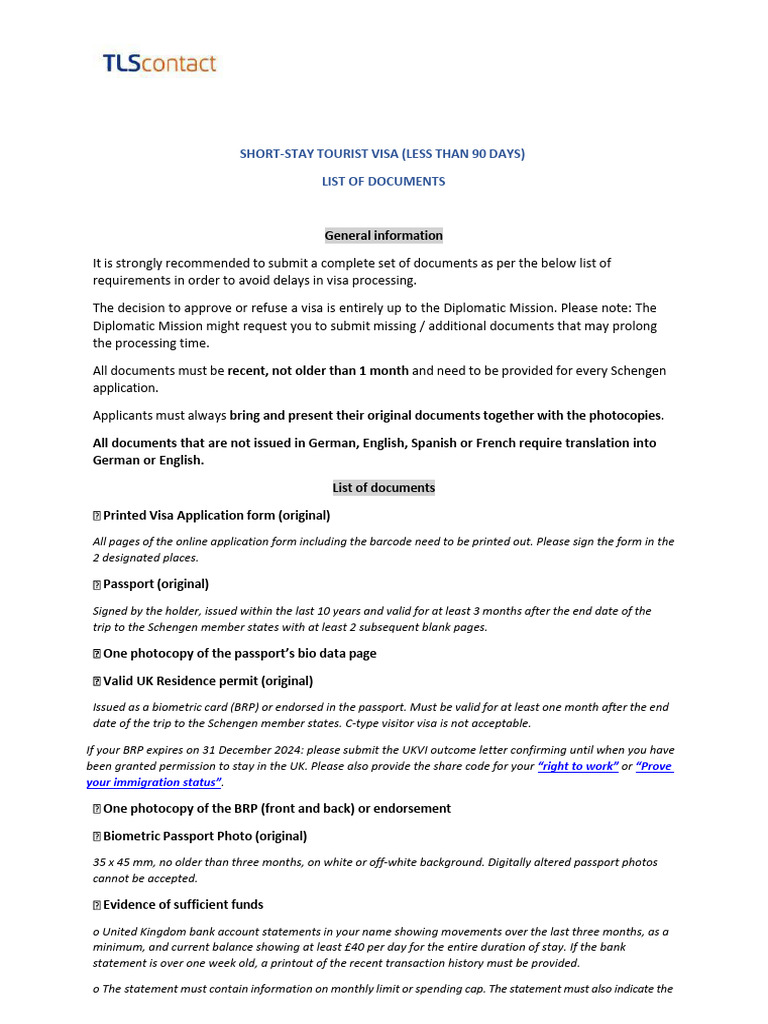 Germany Tourist Visa Document Checklist | PDF | Travel Visa | Passport