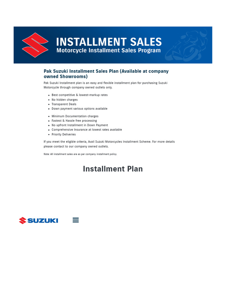 Installment Schedule Plan - Suzuki Pakistan | PDF