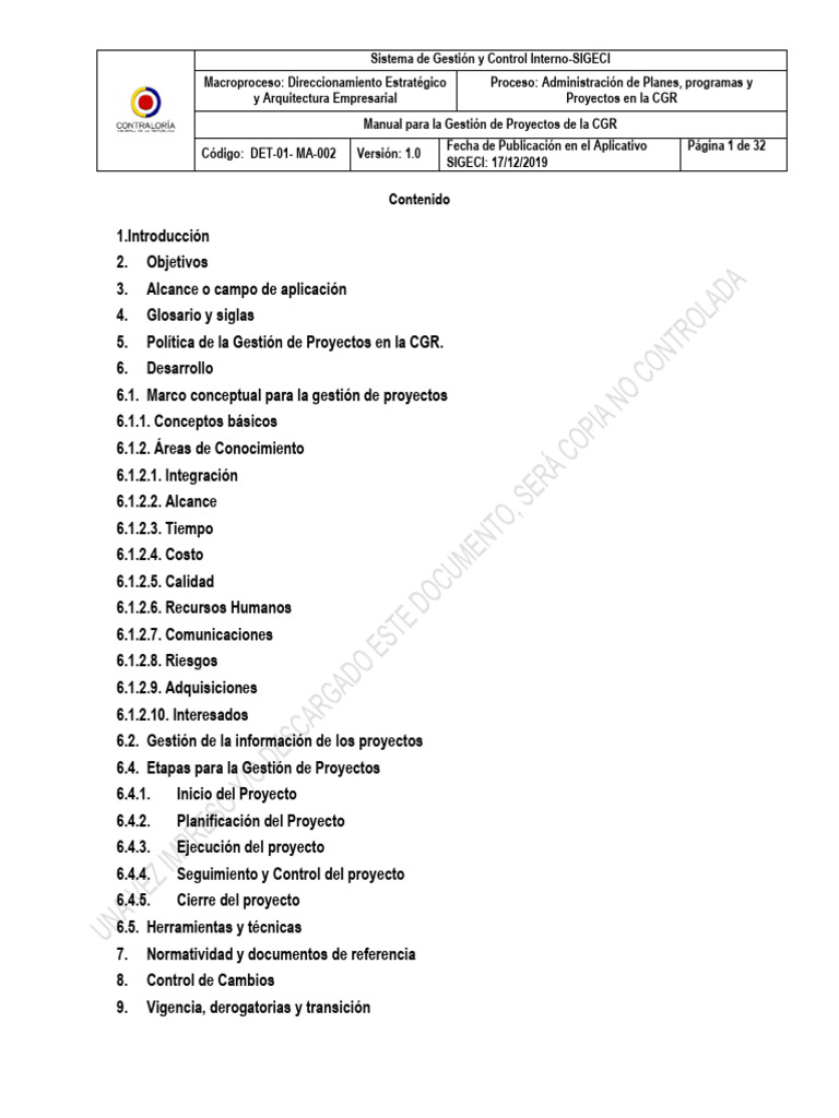 DET 01 MA Manual de Proyectos CGR | PDF | Gestión de proyectos | Planificación