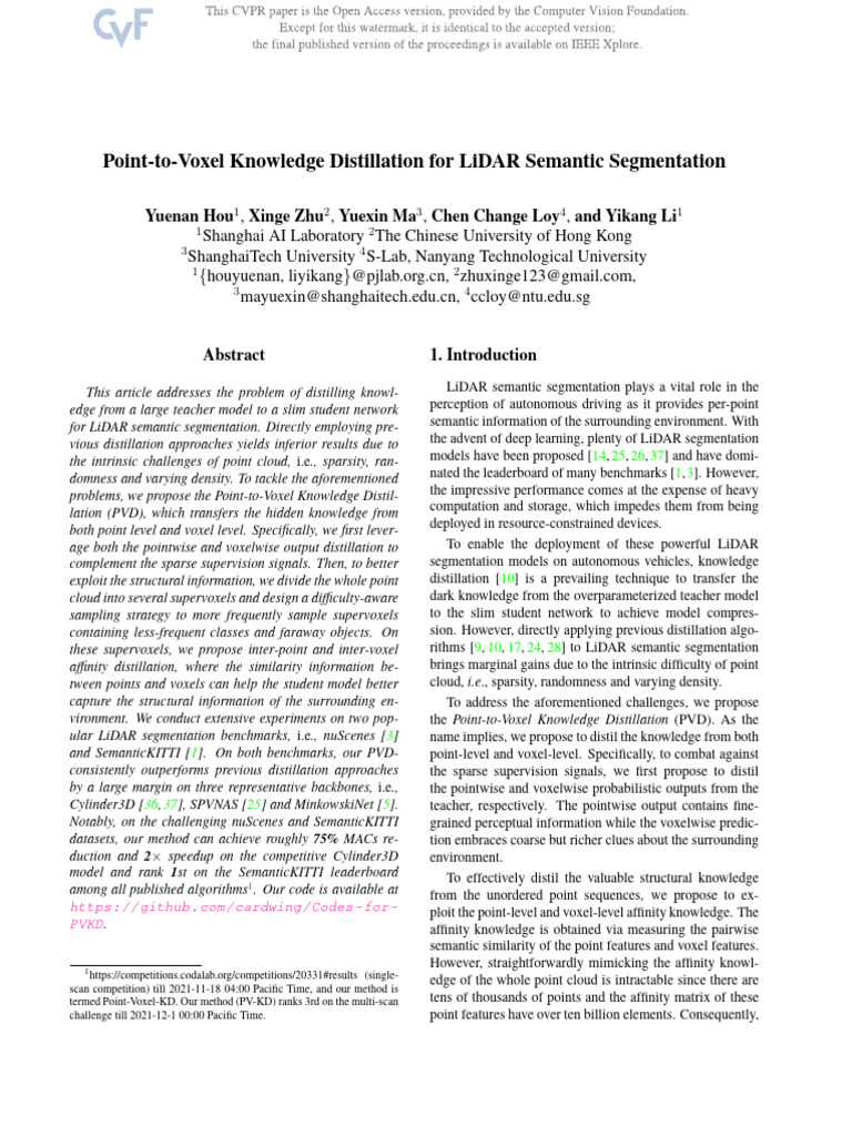 Hou Point-To-Voxel Knowledge Distillation For LiDAR Semantic Segmentation CVPR 2022 Paper | PDF ...
