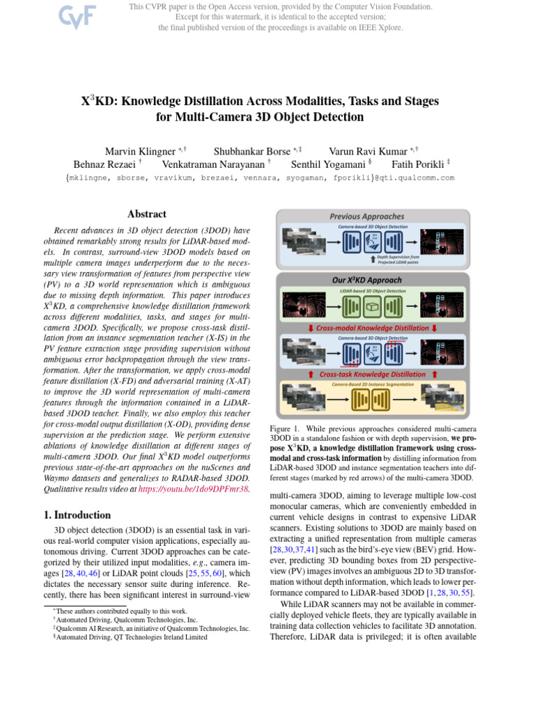Klingner X3KD Knowledge Distillation Across Modalities Tasks and Stages For Multi-Camera CVPR ...