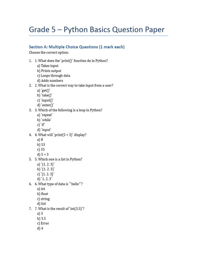Grade5 Python Question Paper With Answers | PDF | Bracket | Control Flow