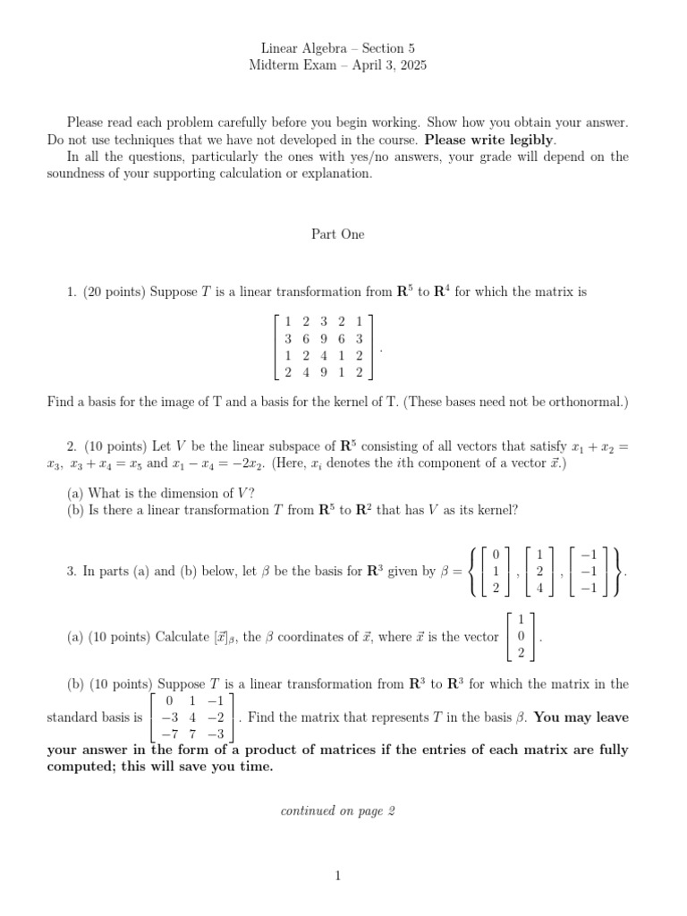 2nd Midterm Exam and Solutions | PDF | Linear Map | Matrix (Mathematics)