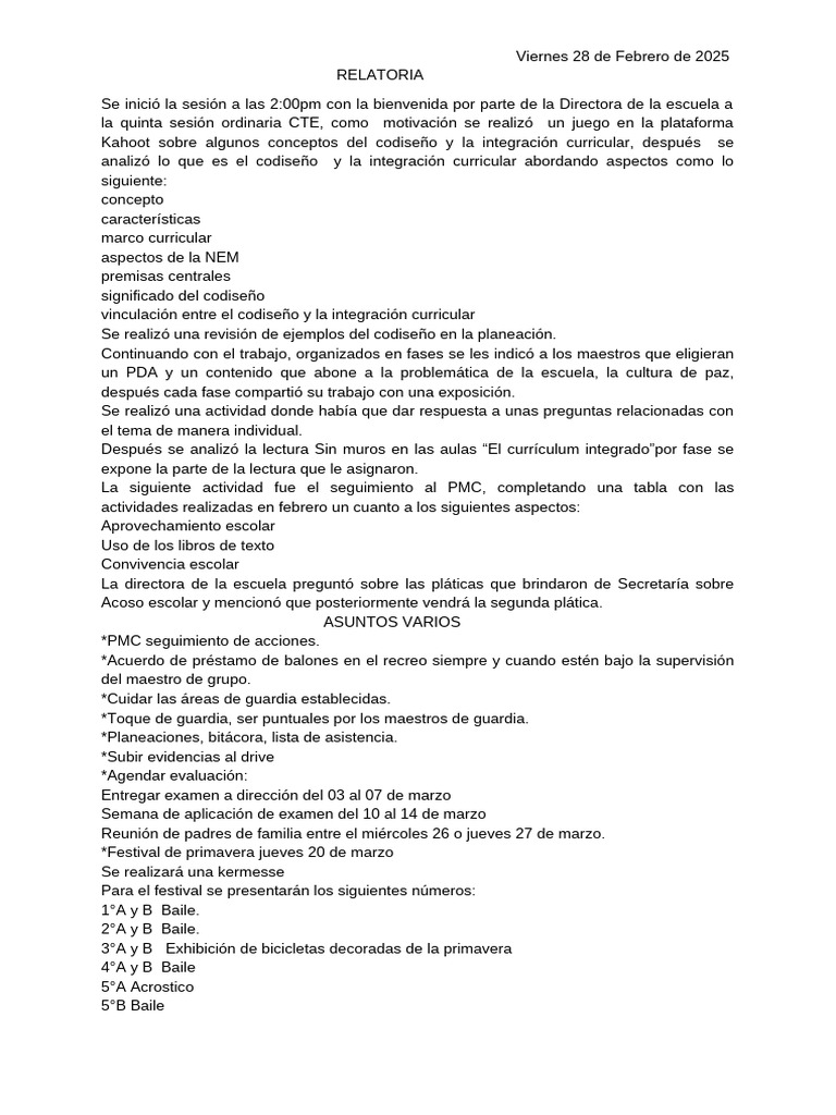 Relatoria Quinta Sesión Ordinaria CTE | PDF | Aprendizaje