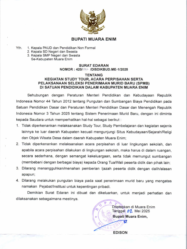 Surat Edaran Bupati Muara Enim | PDF