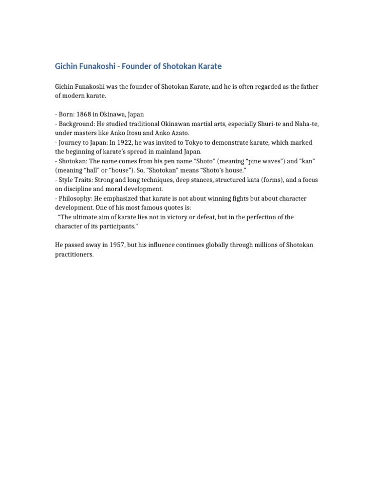 Gichin Funakoshi: Shotokan Karate Founder | PDF