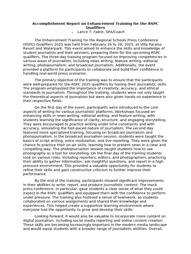 Accomplishment Report On Enhancement Training For The RSPC Qualifiers ...