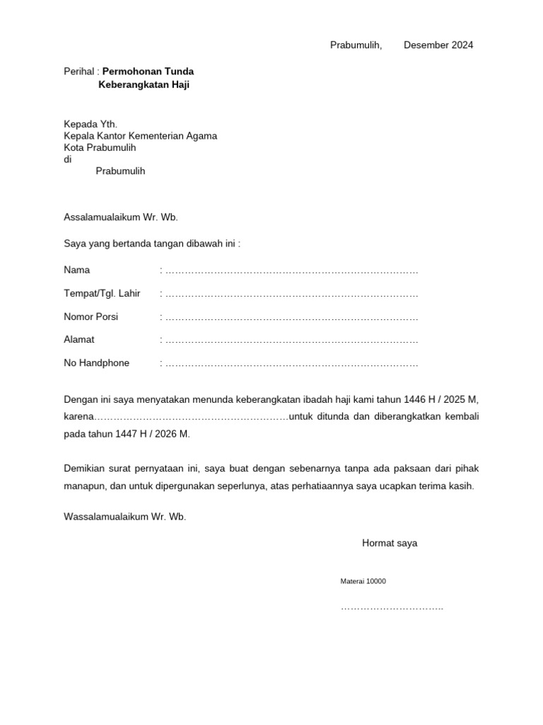 Surat Tunda Keberangkatan Haji 2025 | PDF